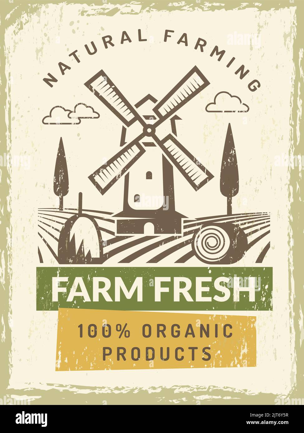 Farm poster. Windmill building on meadow background rural poster with ...