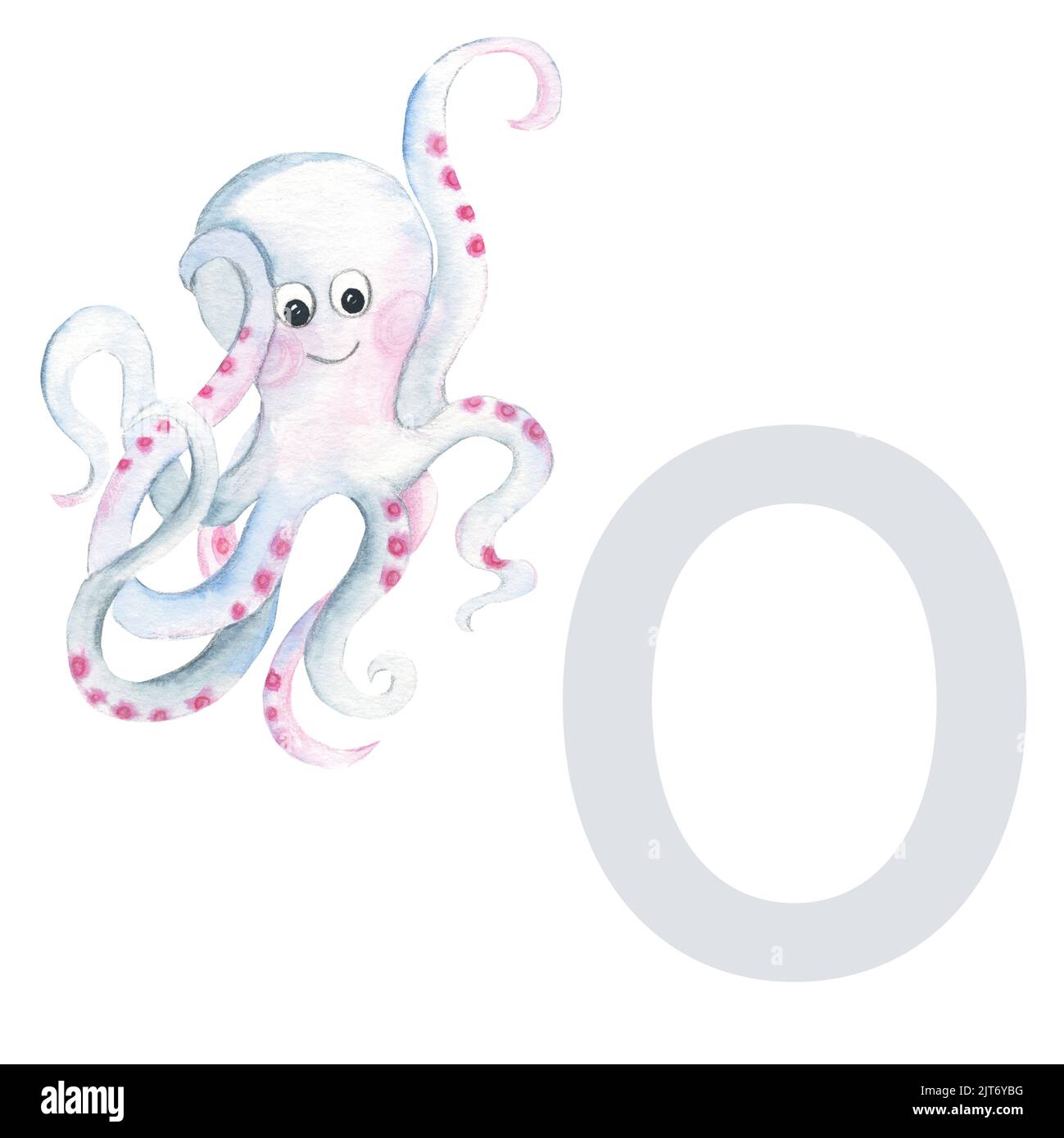 Letter O, octopus, cute kids animal ABC alphabet. Watercolor ...