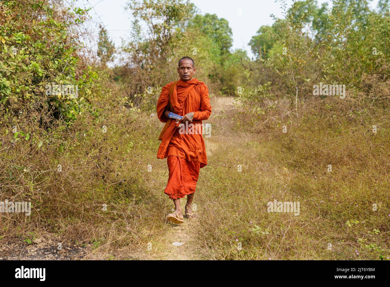 A Buddhist monk walking along a path in rural Takeo province, Cambodia ...