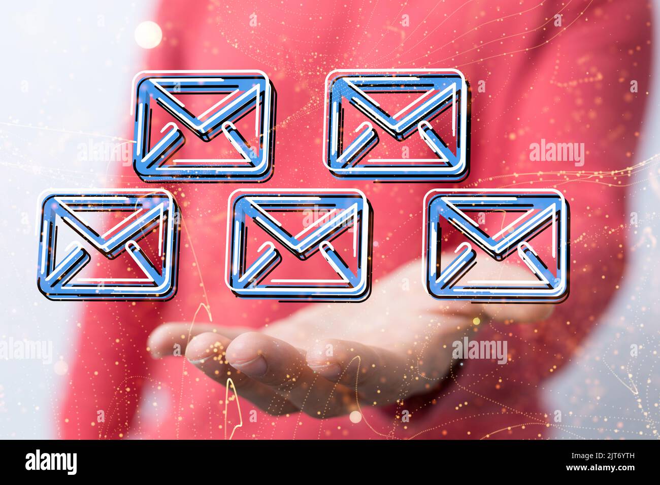 A businessman presenting the 3D rendered email icons in a cyberspace ...