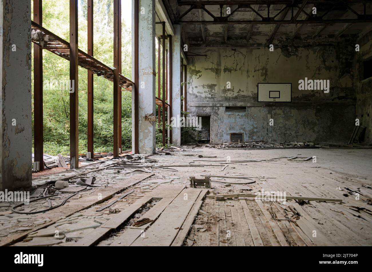 Prypiat empty gymnasium in the Chernobyl exclusion zone, Ukraine Stock ...