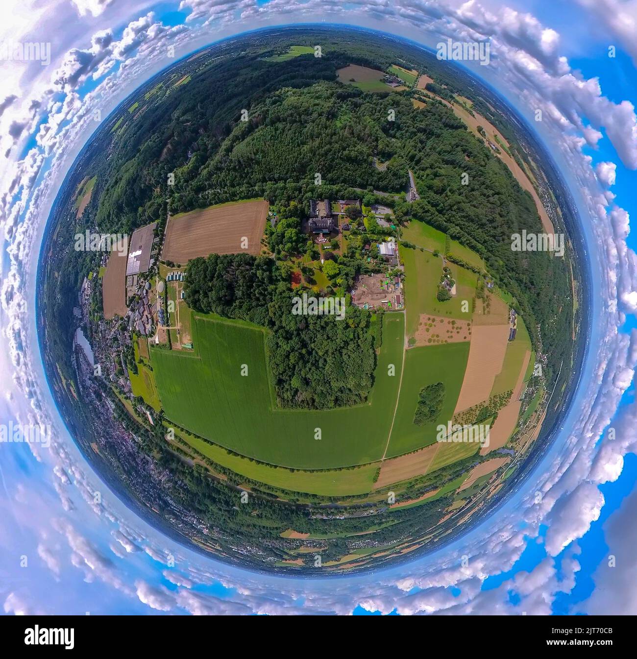 Aerial view, moated castle Schlosshotel Hugenpoet, forest area, fisheye ...