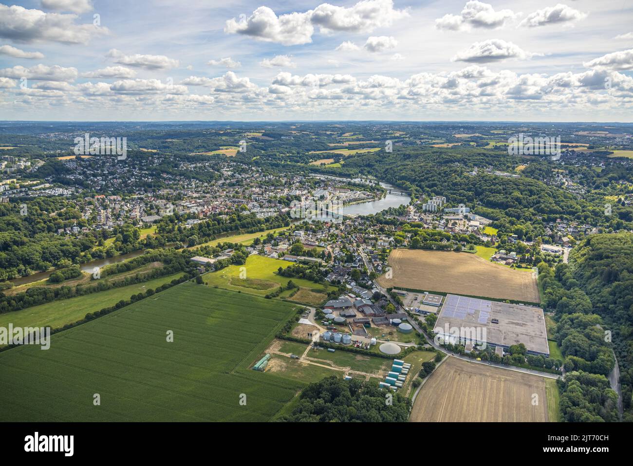 Aerial view, view district Kettwig with river Ruhr and lake Kettwiger ...