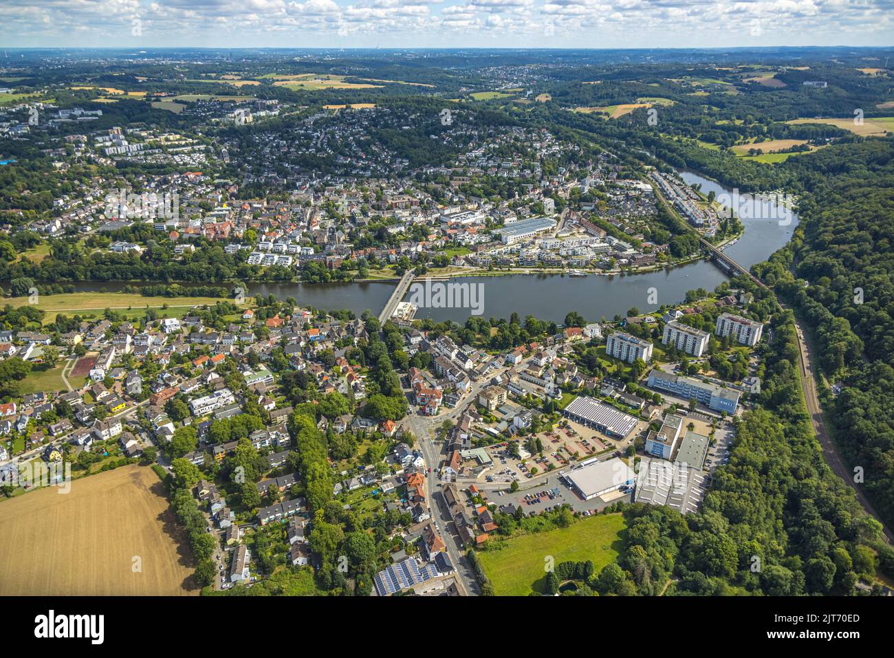 Aerial view, view district Kettwig, Ruhrbogen Kettwig, residential area ...
