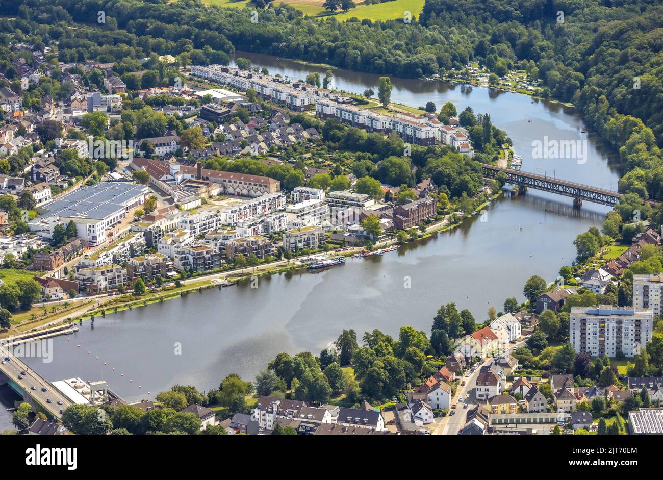 Aerial view, view district Kettwig, Ruhrbogen Kettwig, residential area ...