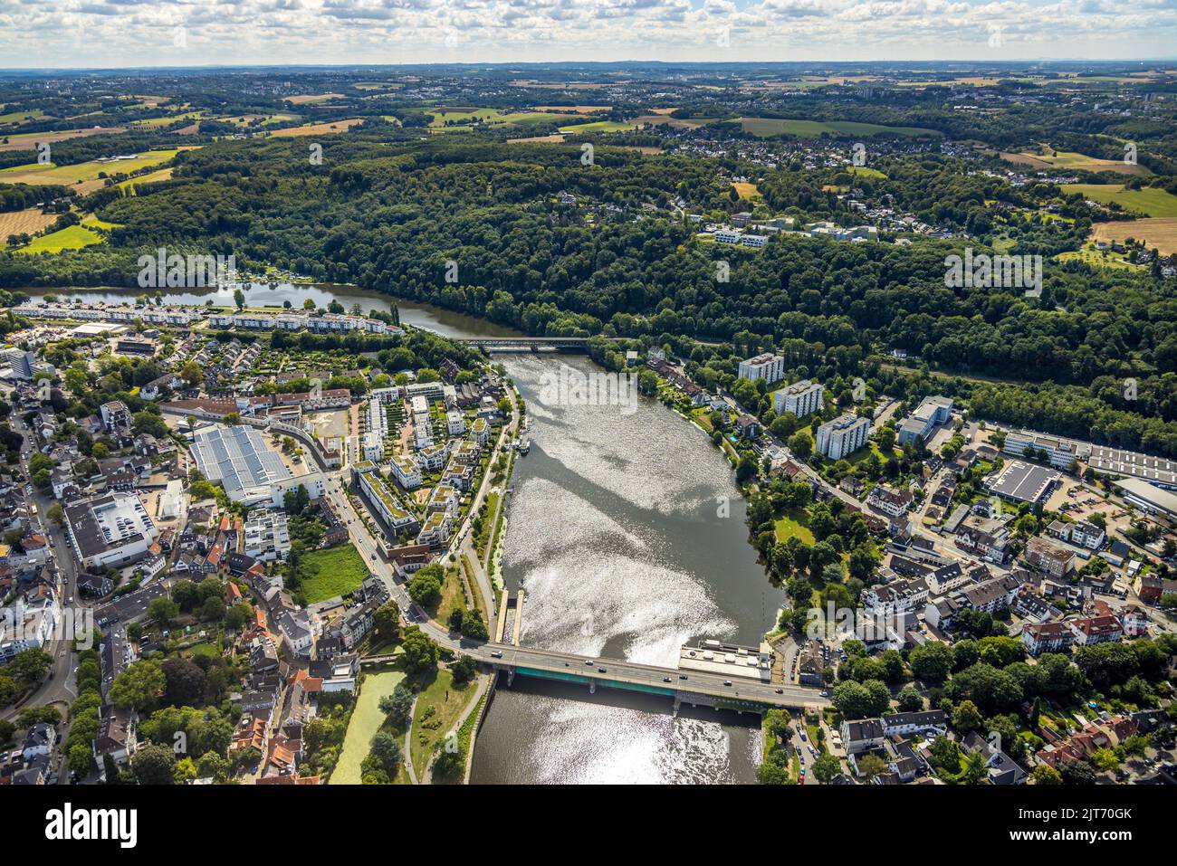 Aerial view, view district Kettwig, Ruhrbogen Kettwig, residential area ...