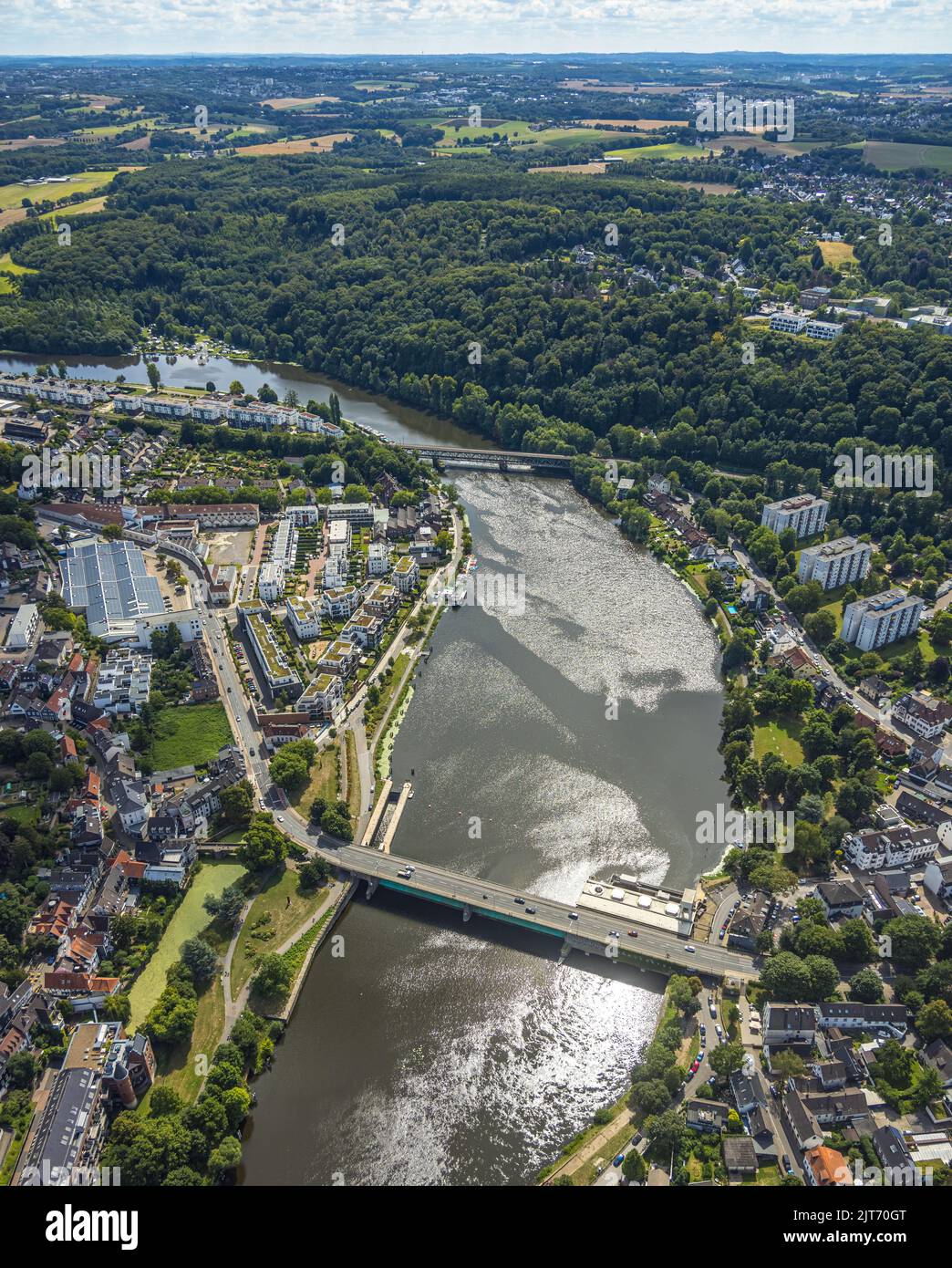 Aerial view, view district Kettwig, Ruhrbogen Kettwig, residential area ...