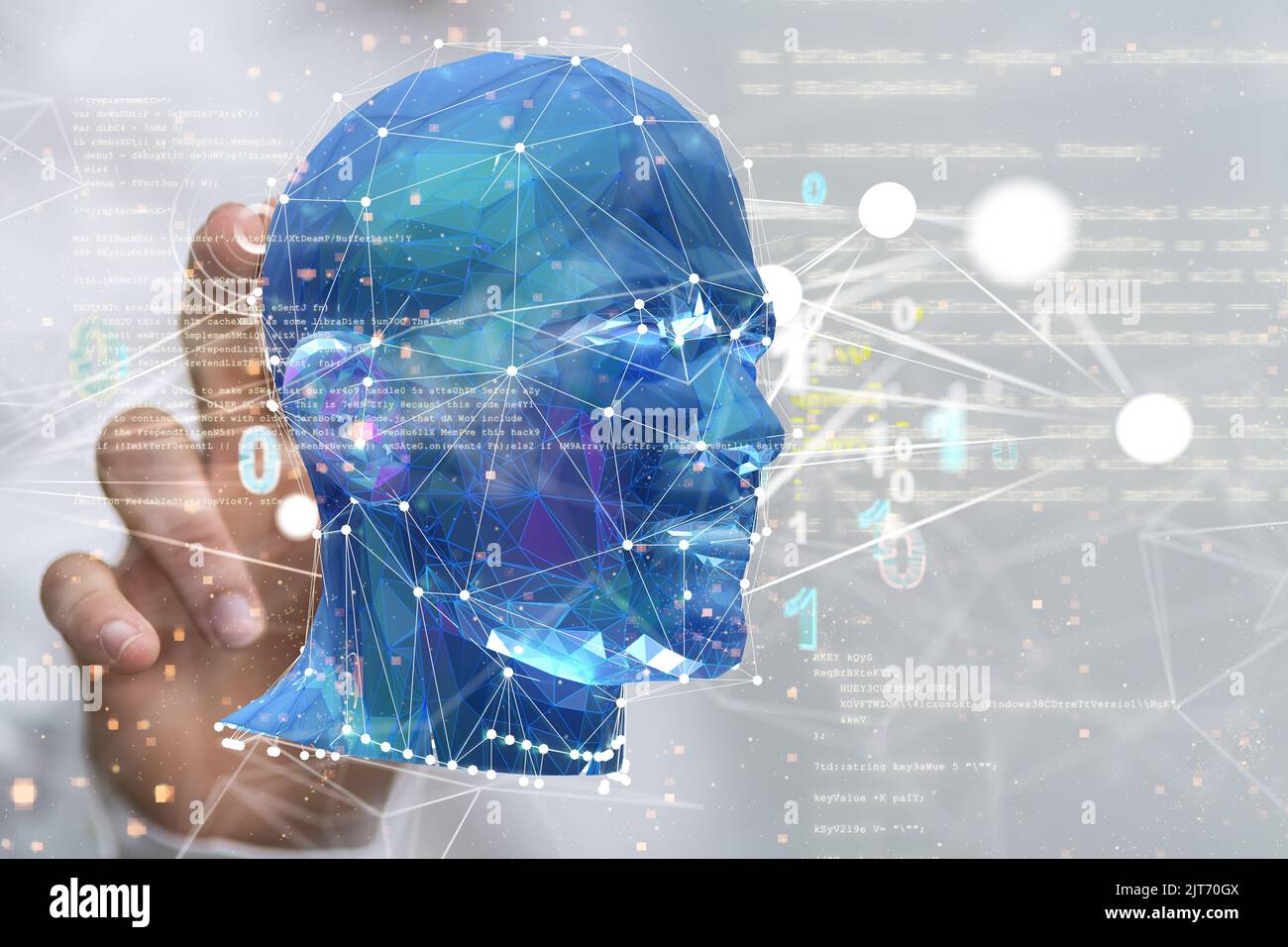 A person pointing to the 3D rendered blue human head hologram in ...