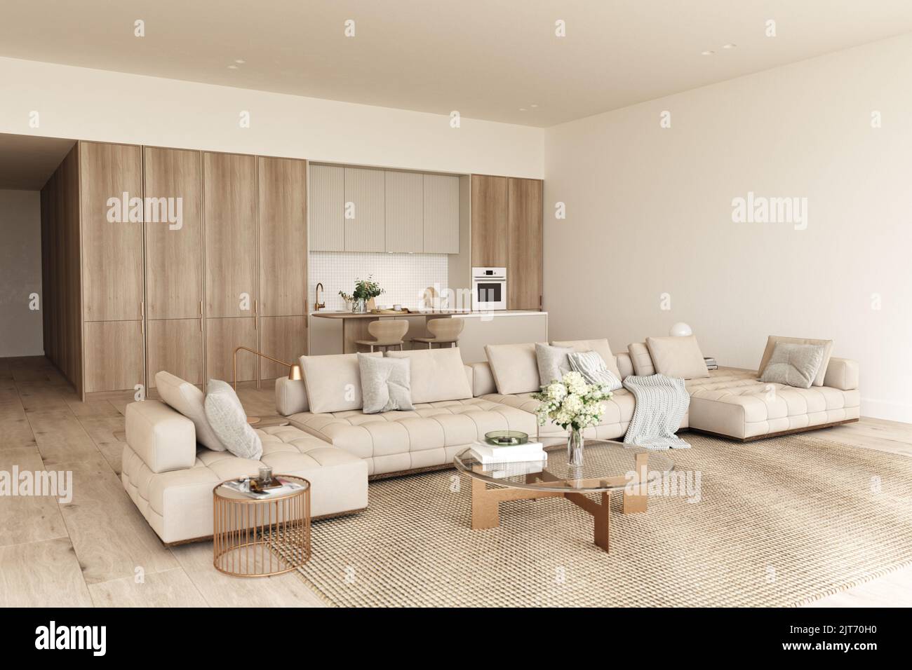 Luxury hotel living room. Modern style in beige color. Wooden kitchen ...