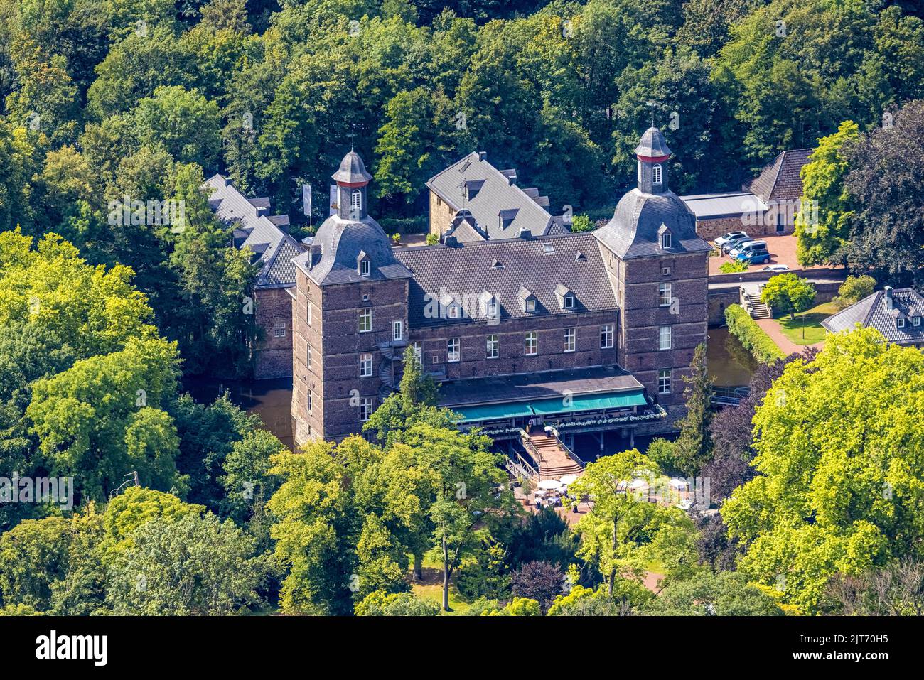 Aerial view, moated castle Schlosshotel Hugenpoet with outdoor ...