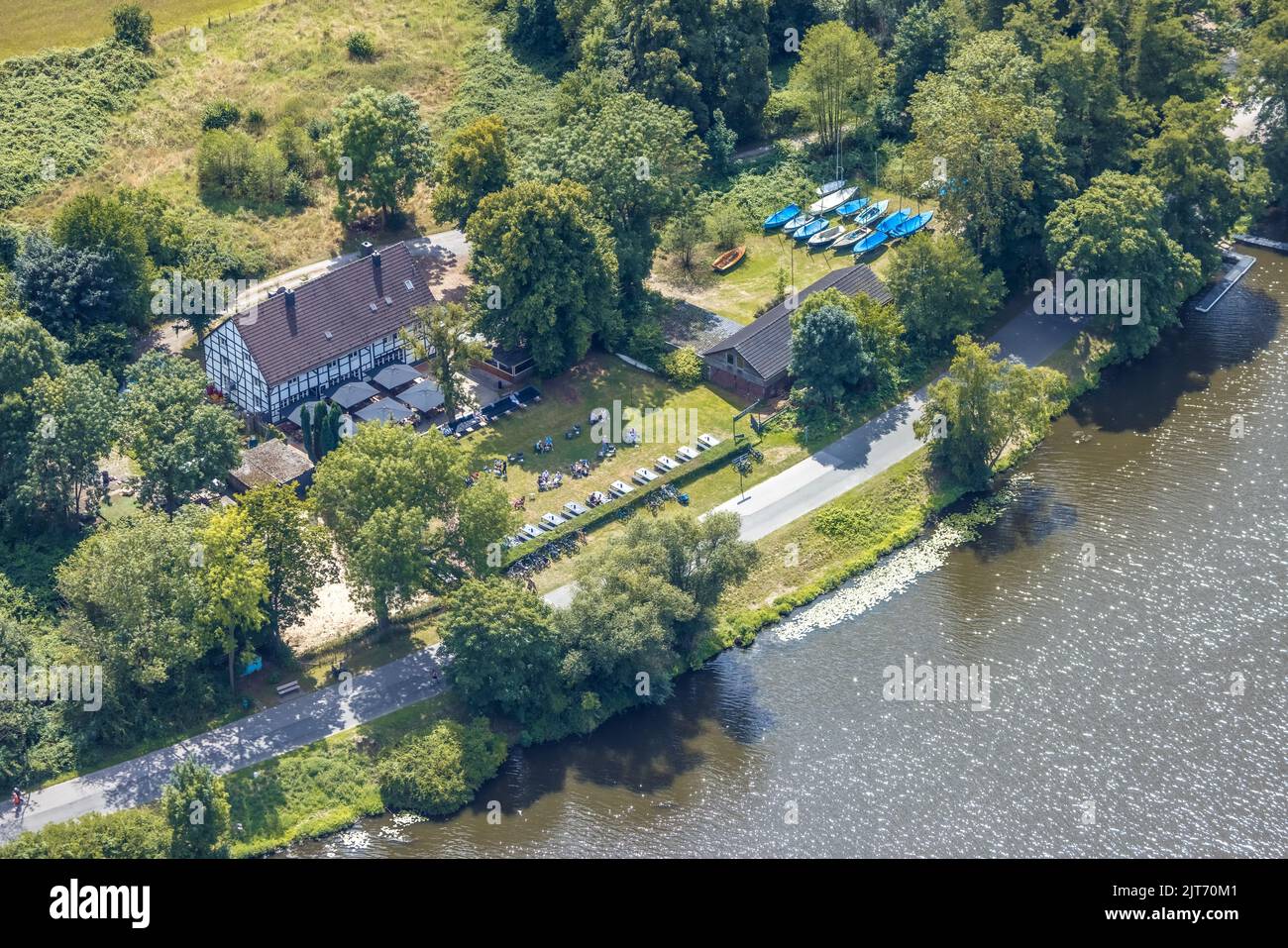 Aerial view, Haus am See gastronomy with outdoor restaurant, half ...