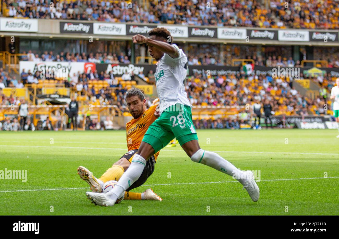 Wolves's Rœben Neves and Joe Willock of Newcastle battle for the ball ...