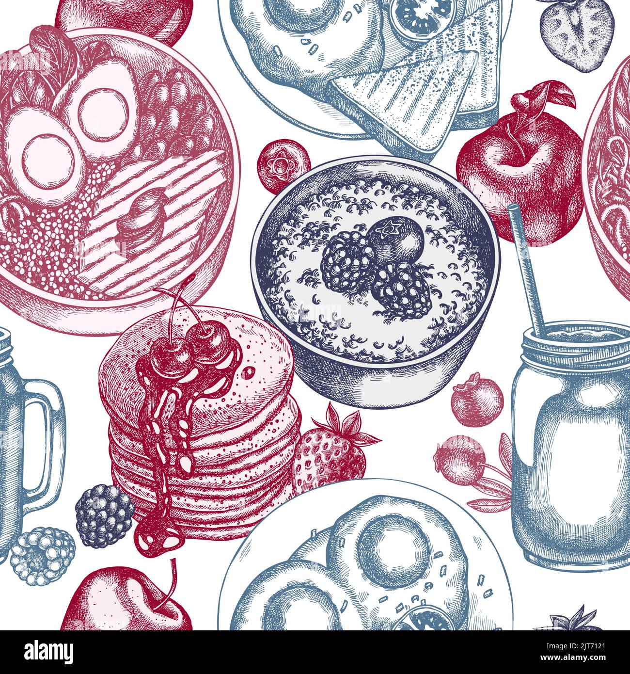 Breakfast seamless pattern background design. Engraved style. Hand drawn pancakes, bowl with ...