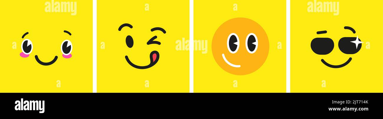 Cute cartoon faces on yellow cards. Yummy face, smile with sunglasses ...