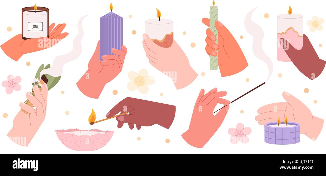 Relax aroma candle in hands. Meditation candles with fire, difference ...