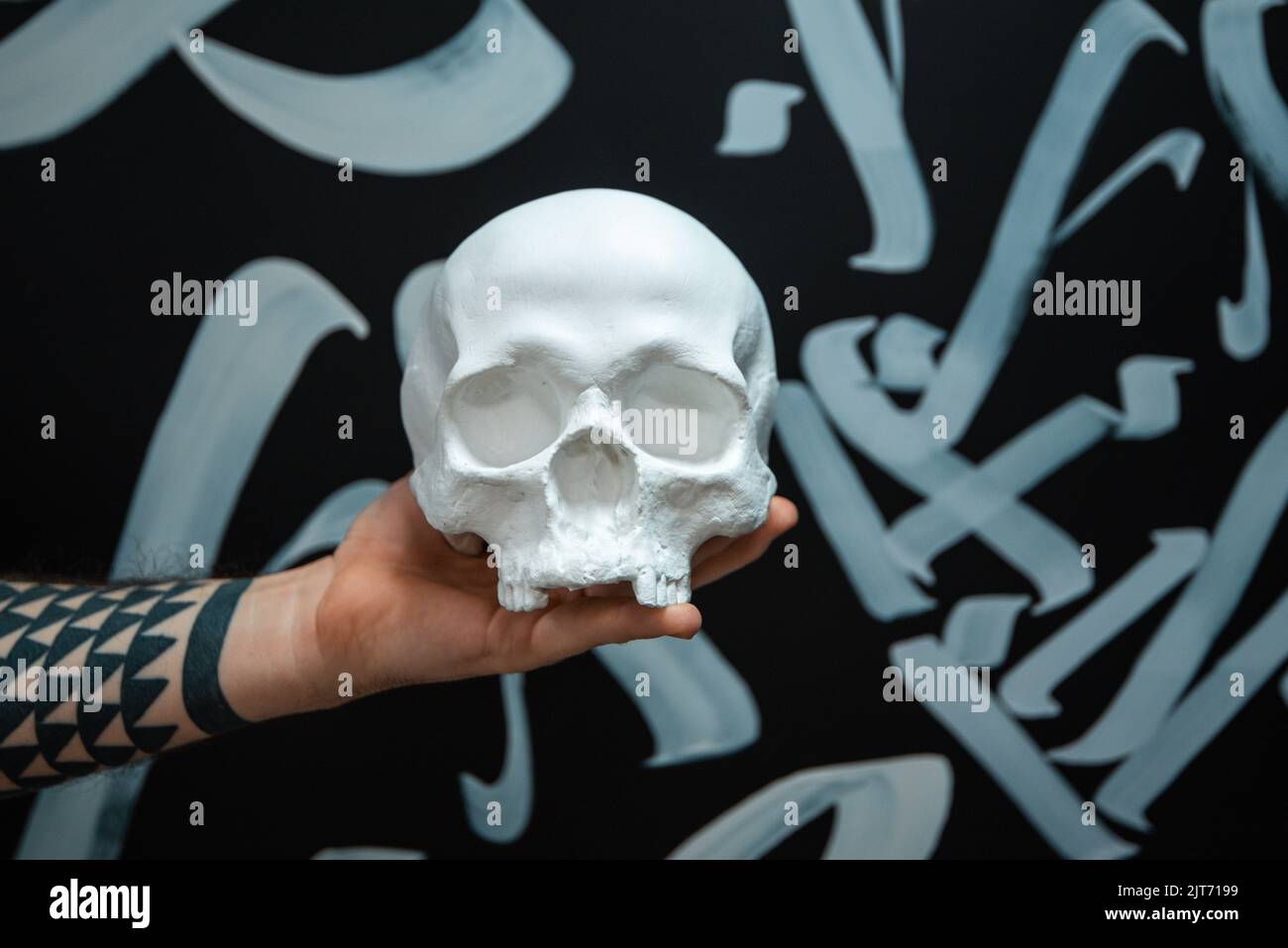 white plaster skull is held by an outstretched tattooed hand. hand ...