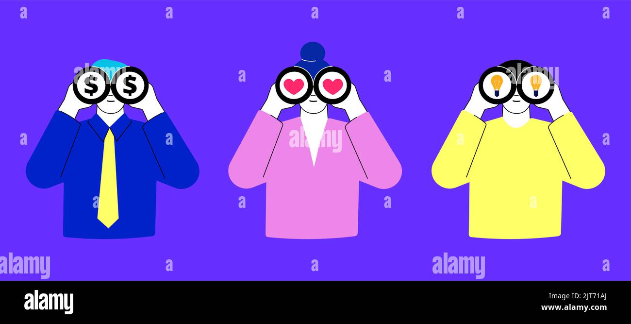 People look through binoculars and searching money, love and ideas ...