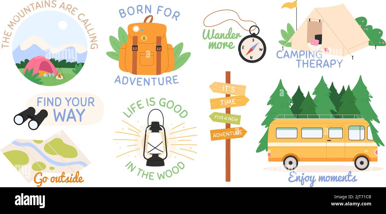 Forest adventure motivation badges. Nature tourist graphic sign, forest ...