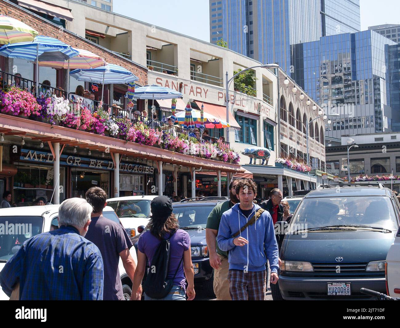 Seattle USA - July 20 2008; Busy urban street where people and cars mix ...
