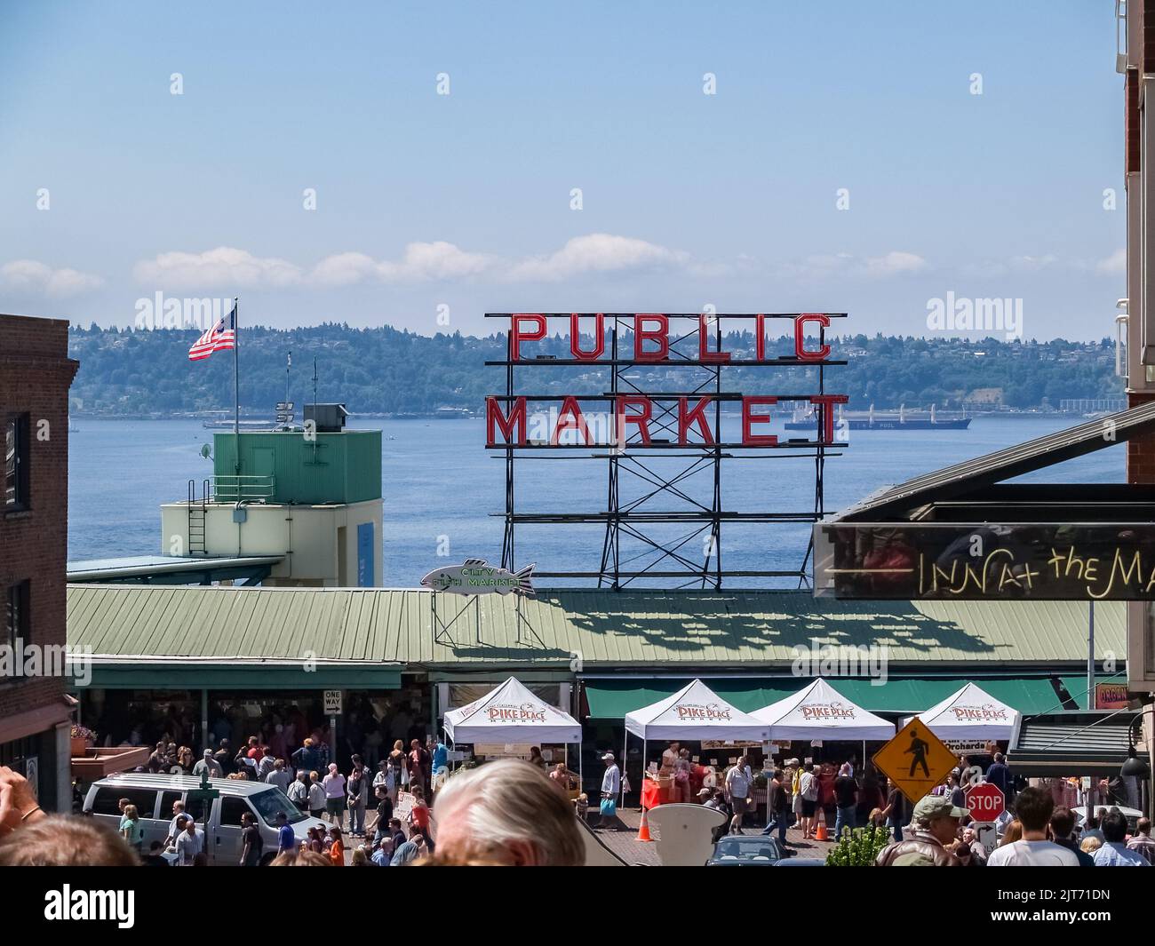 Seattle USA - July 20 2008; Bright red landmark neon sign above Pike ...