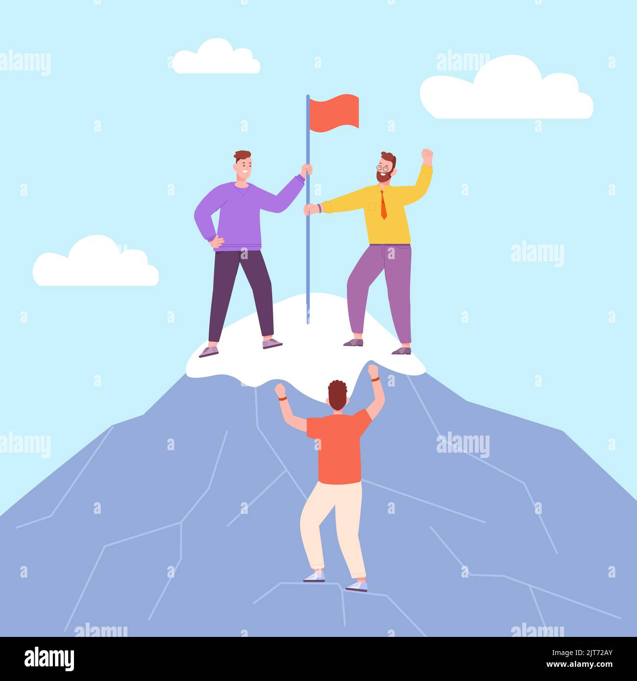 Team moving flag. Coworkers teamwork moving-up mountain peak together ...