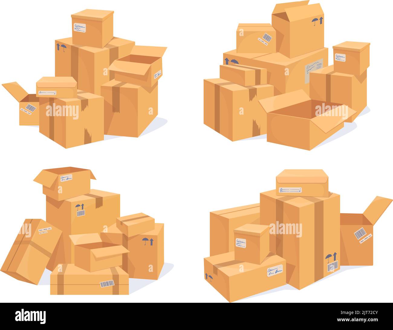 Carton box stack. Stacked parcel cardboard packages, lot isometric boxes pile delivery return ...