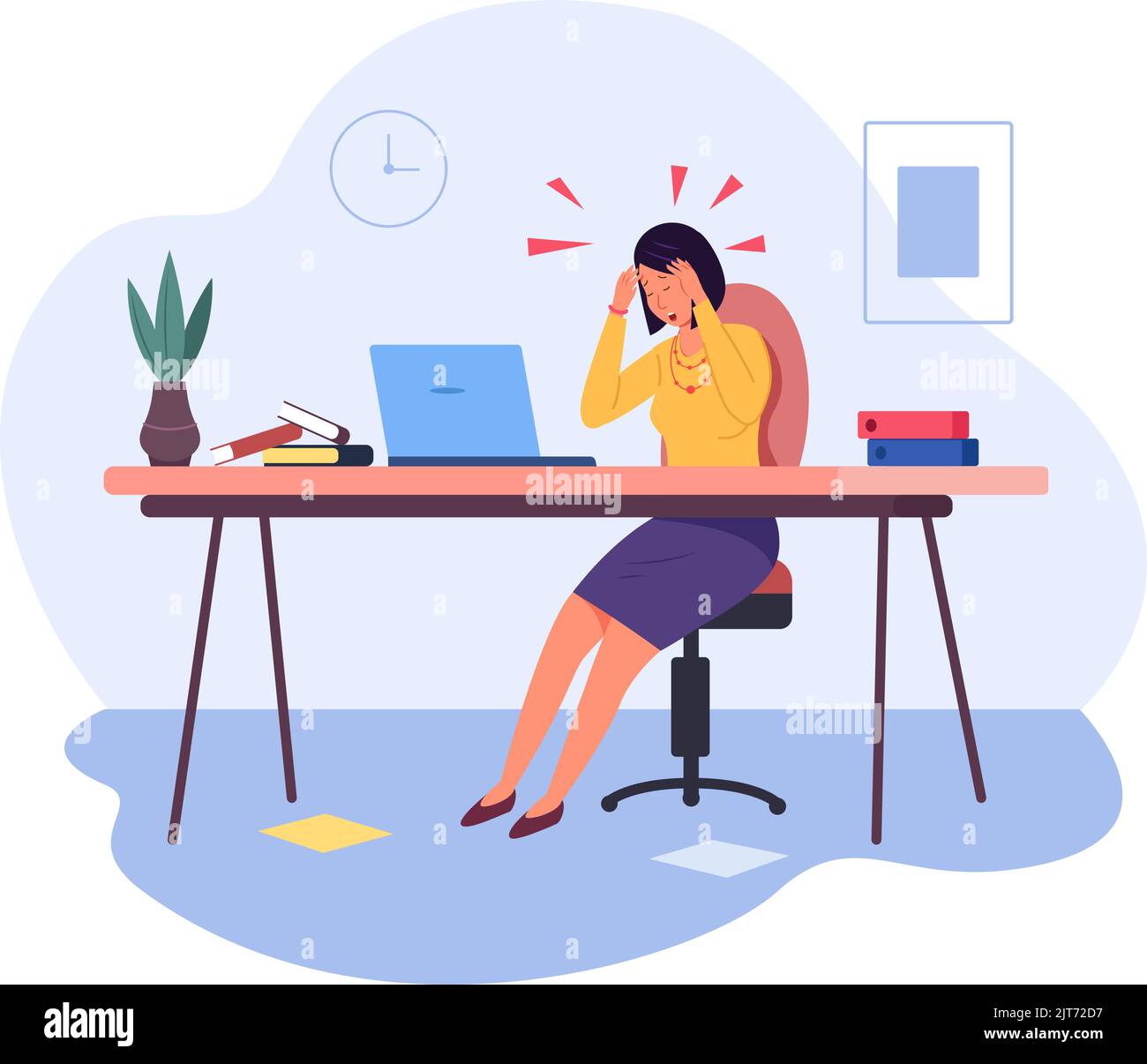 Woman headache workplace. Worried businesswoman at laptop with head ...