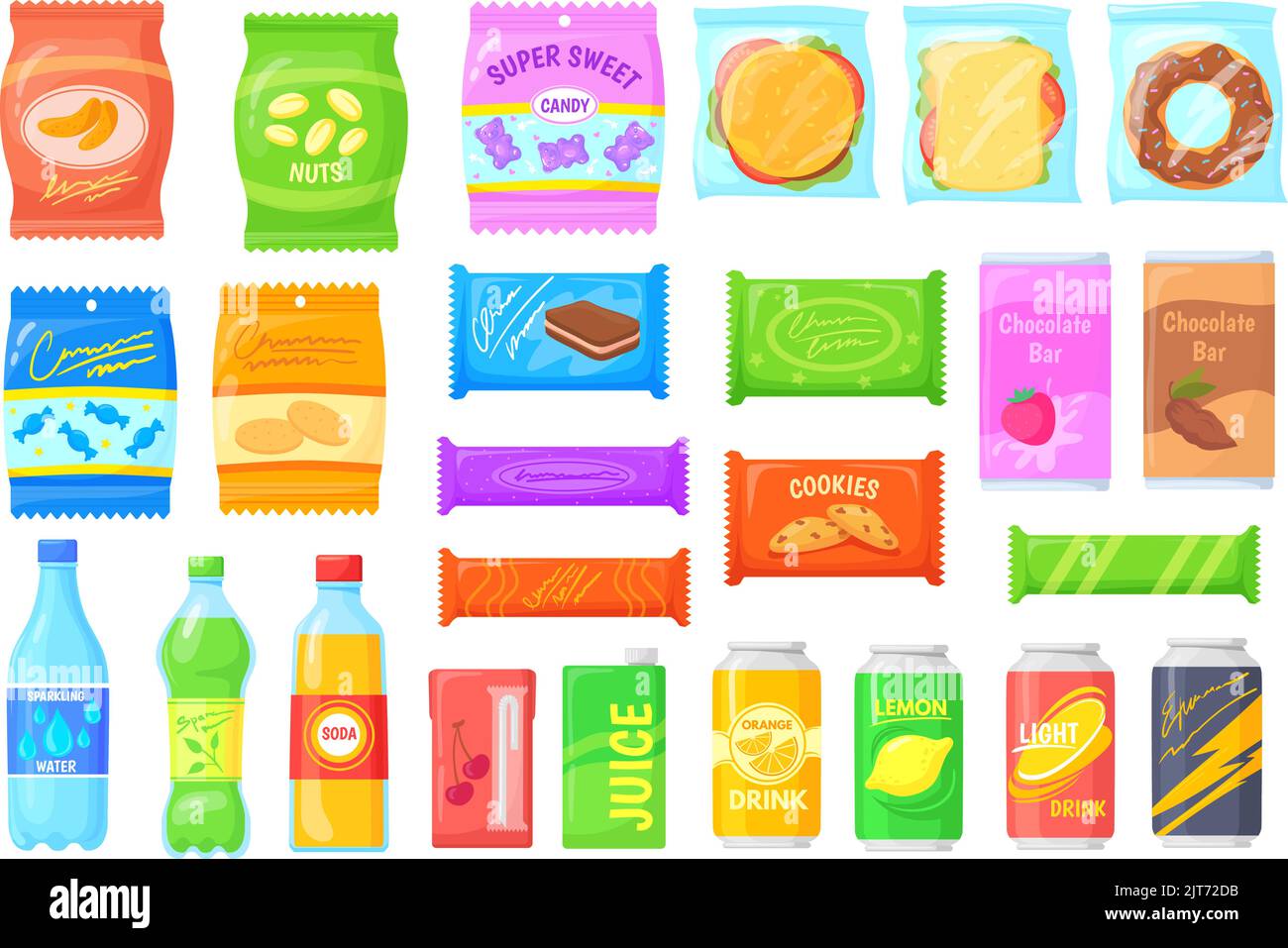 Vending products. Sandwich chips snacks packets, candy snack in wrapper ...
