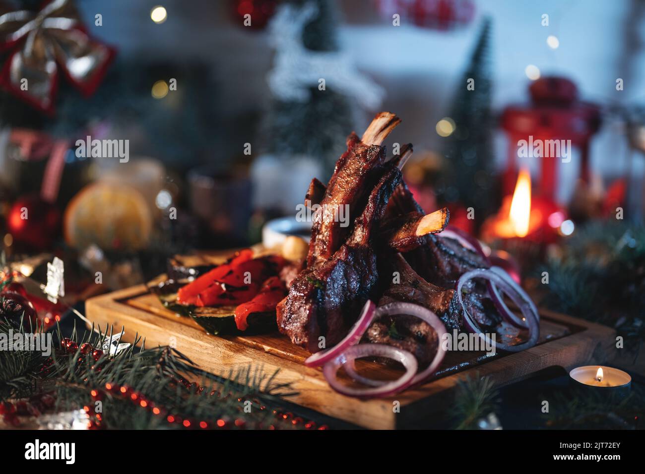grilled barbecue meat ribs, veal, beef, lamb rack with vegetables ...