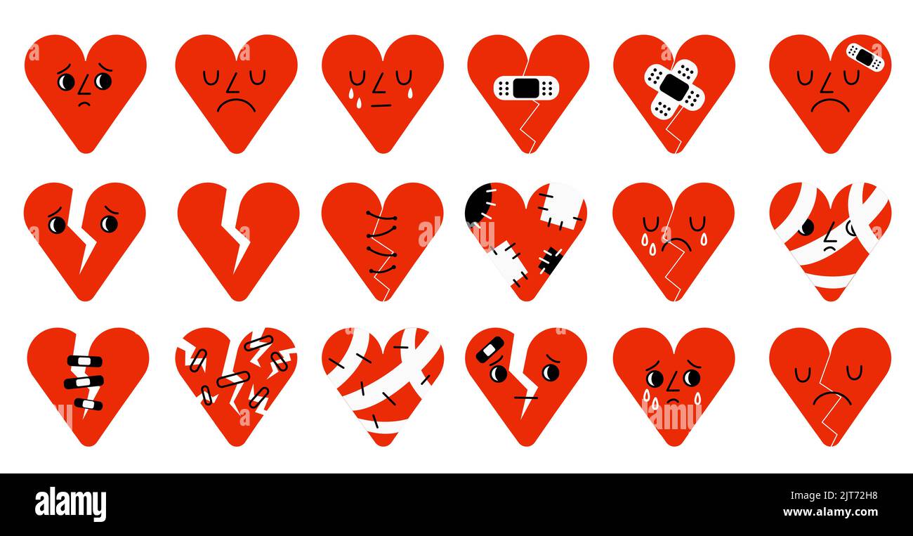 Cartoon sad broken hearts. Kawaii characters, red love symbols with ...