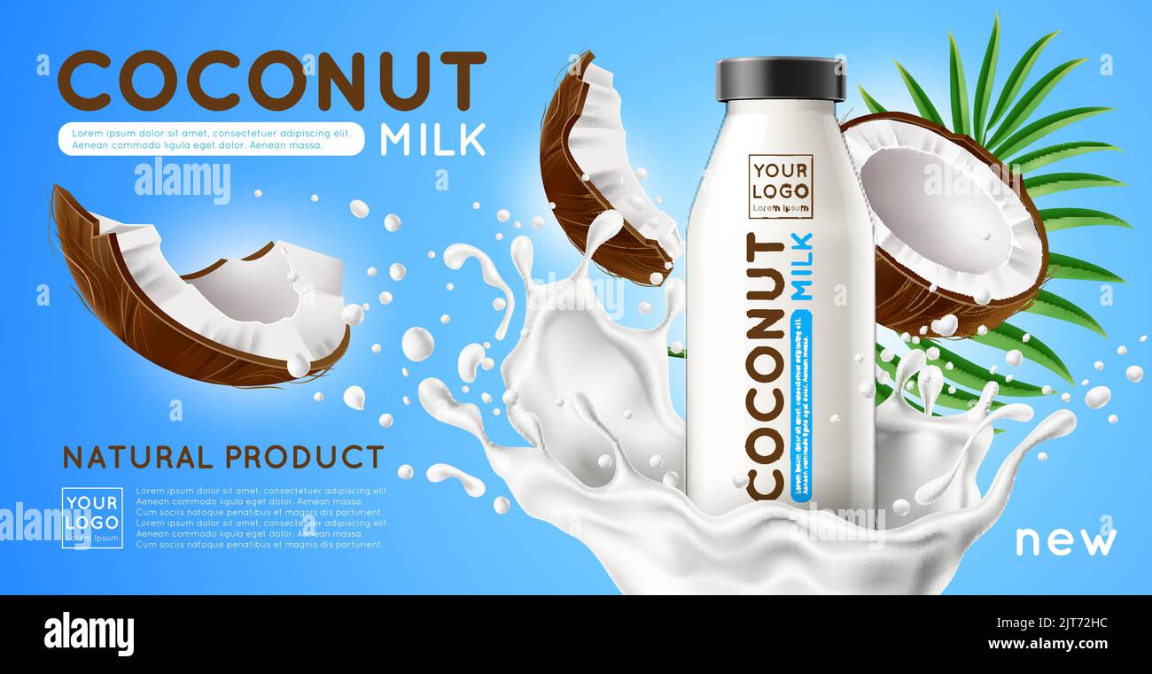 Coconut milk poster. Dairy product advertising banner template, blank ...
