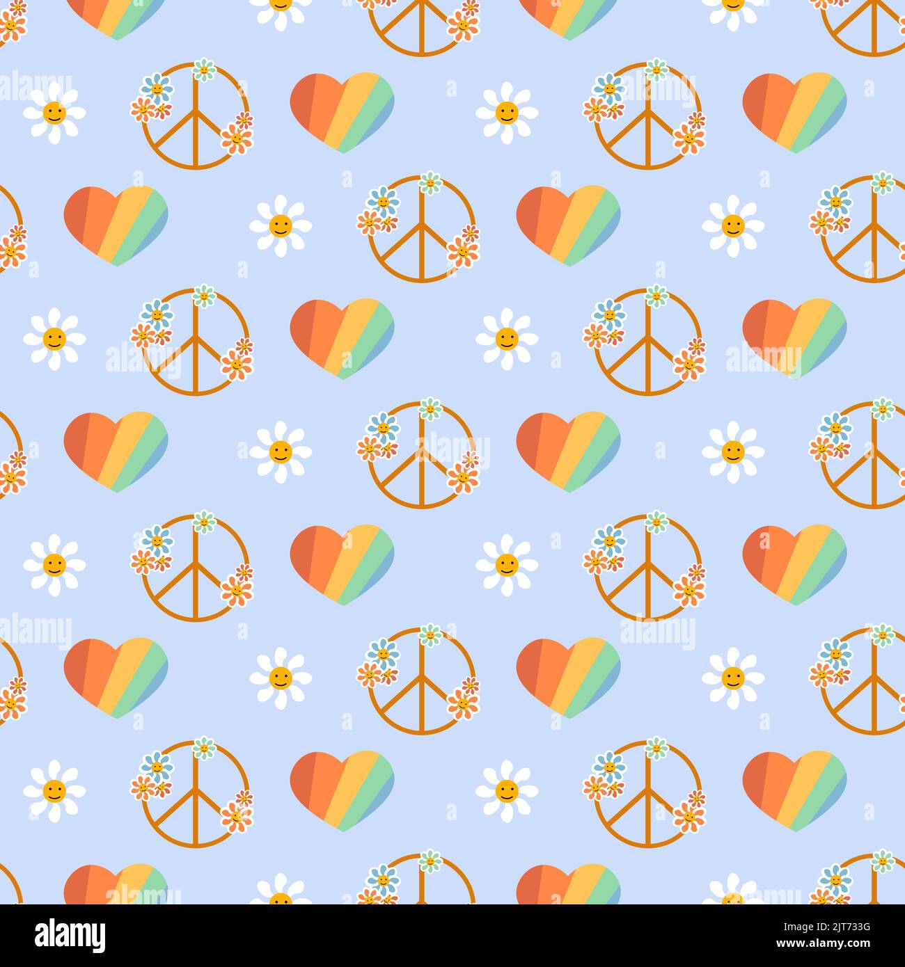 Pattern with daisies, pacific and colorful heart. Vintage retro style ...