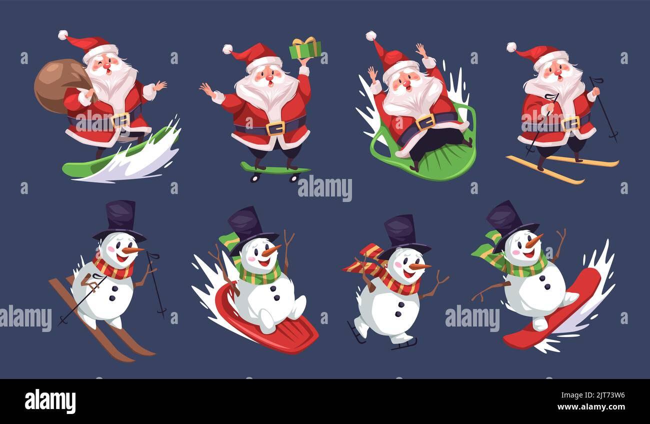 Sporting snowman and Santa. Cartoon characters cute athlete, winter ...