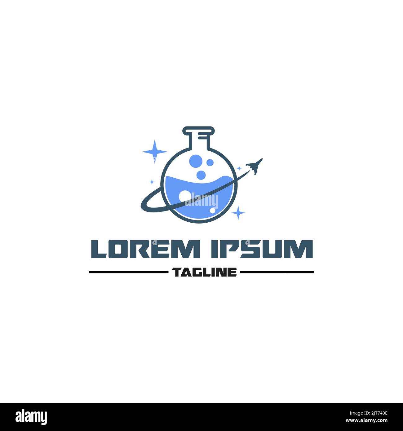 A blue logo of a laboratory experiment jar with a rocket flying around ...