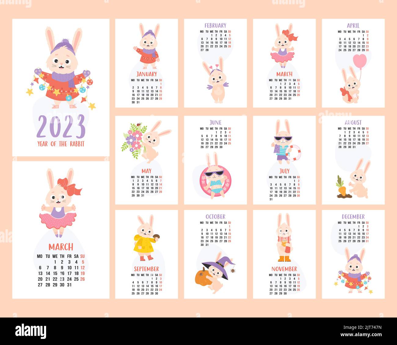Annual monthly wall calendar for 2023 with mascot Year cute bunny ...