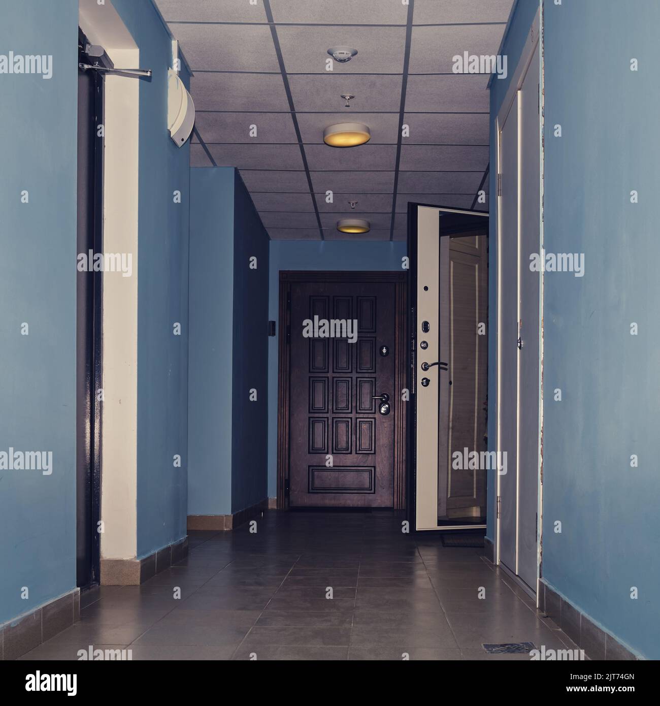 Dark brown door in the entrance of an apartment building with blue ...