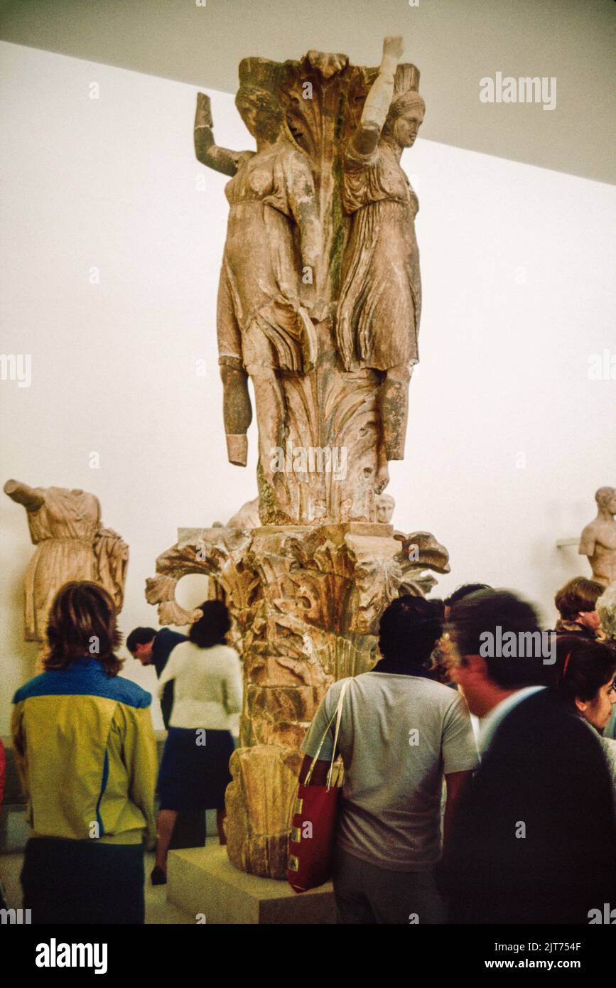 The Dancers of Delphi, also known as the Acanthus Column in the Delphi Museum. Delphi, ancient ...
