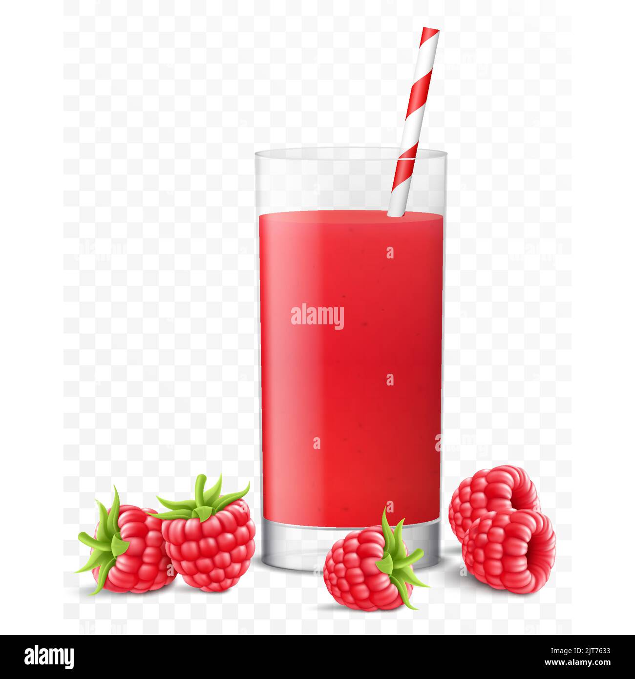 Glass of fresh raspberry juice with berries and striped straw for ...