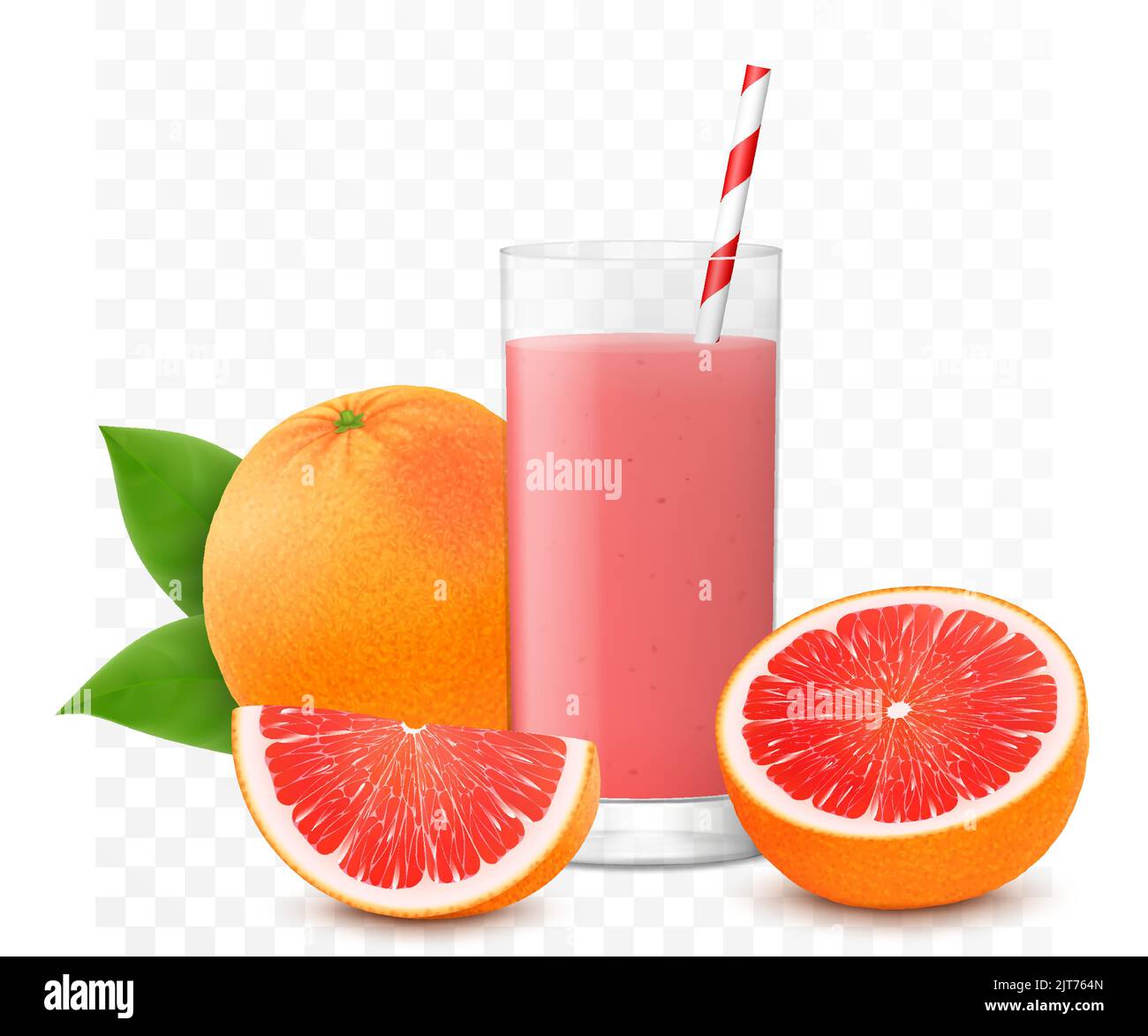 Grapefruit juice or smoothie in glass with straw. Whole, half and piece ...