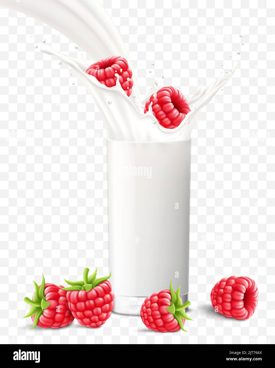 Raspberry falling in a glass of milk or yogurt. Sweet milk splashes ...