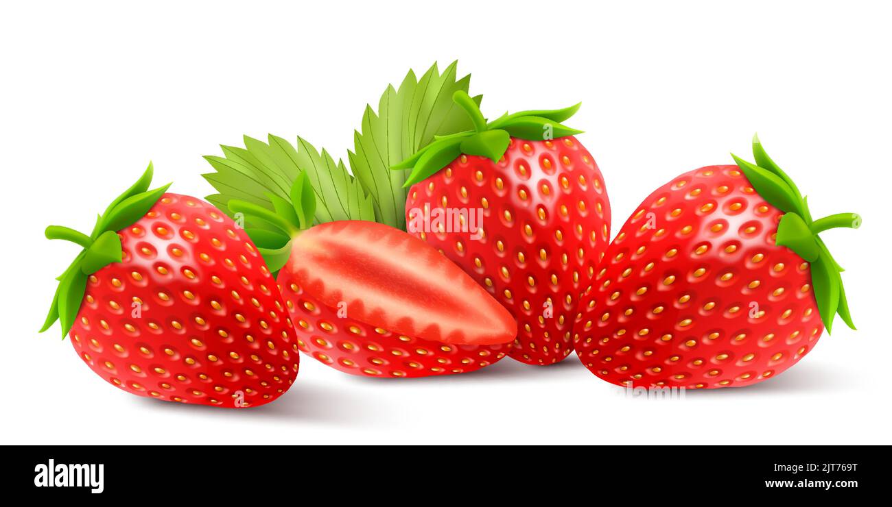 Fresh juicy strawberries. Sweet berries. 3d vector icons set. Realistic ...