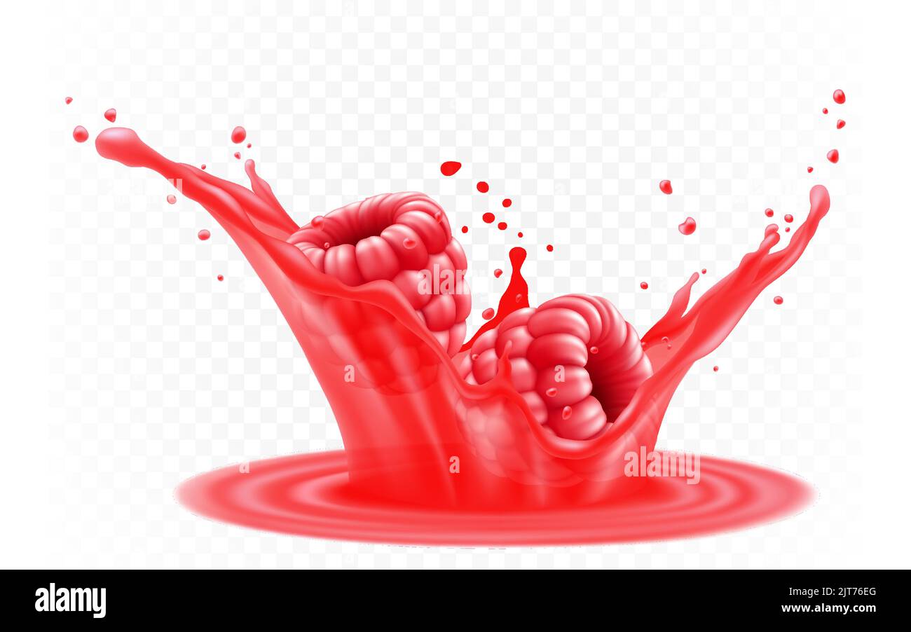 Red fresh raspberries in a splash of juice or yogurt. Fresh berry falls ...