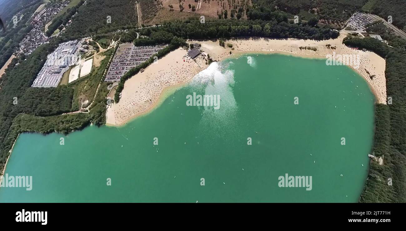 Aerial photo bathers in the silver lake Haltern near Sythen, rush to ...