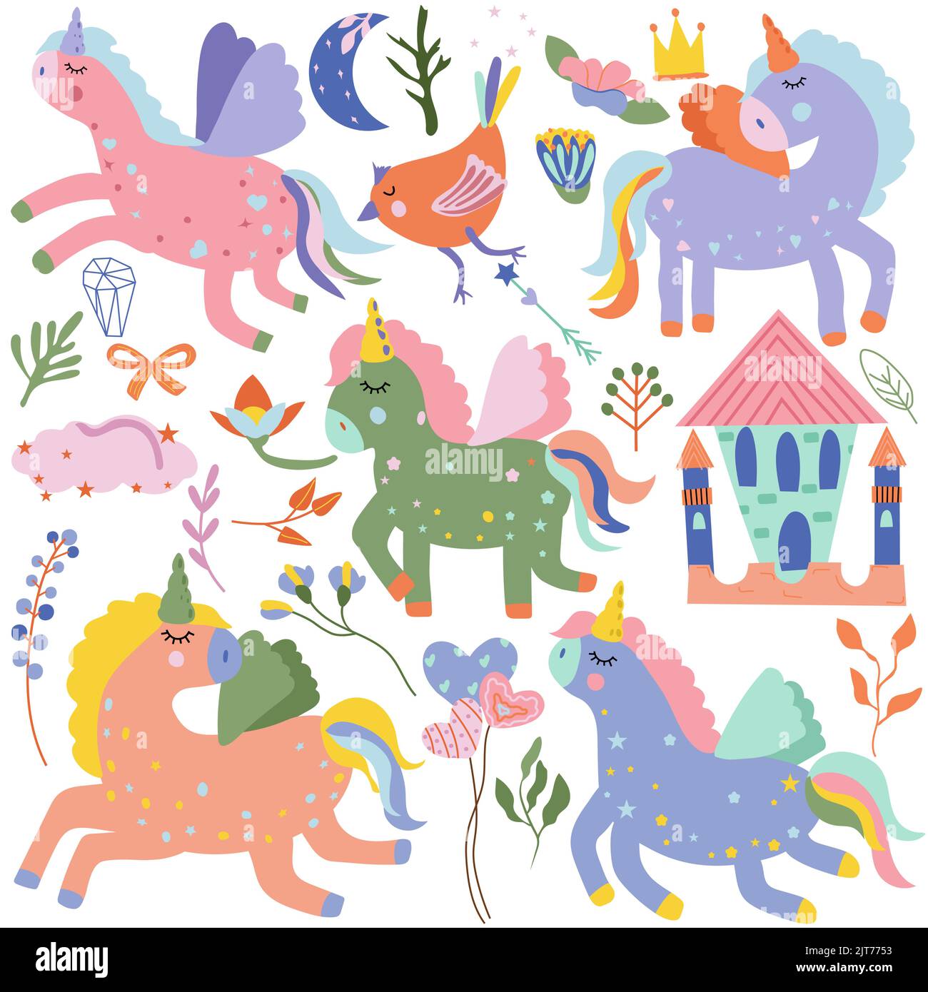 Cute colorful Unicorn with rainbow the tail, with cartoon house, bird ...