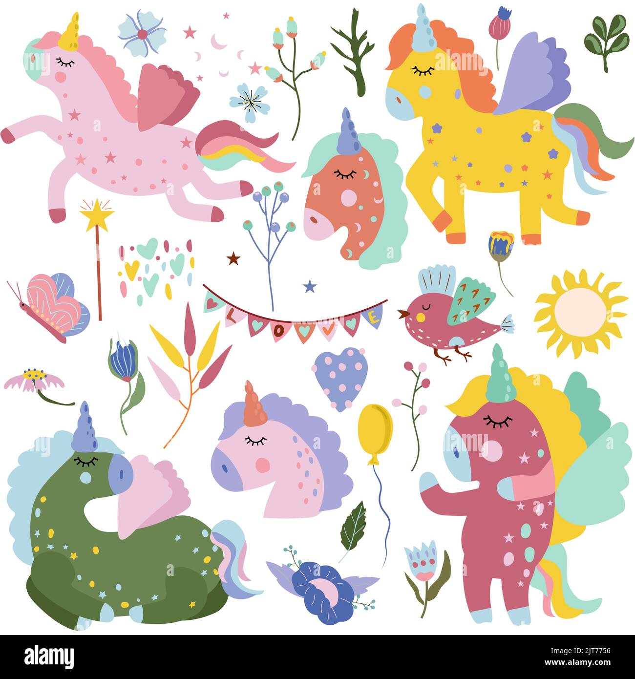 Cute colorful Unicorn with rainbow the tail, bird, butterfly, flowers ...