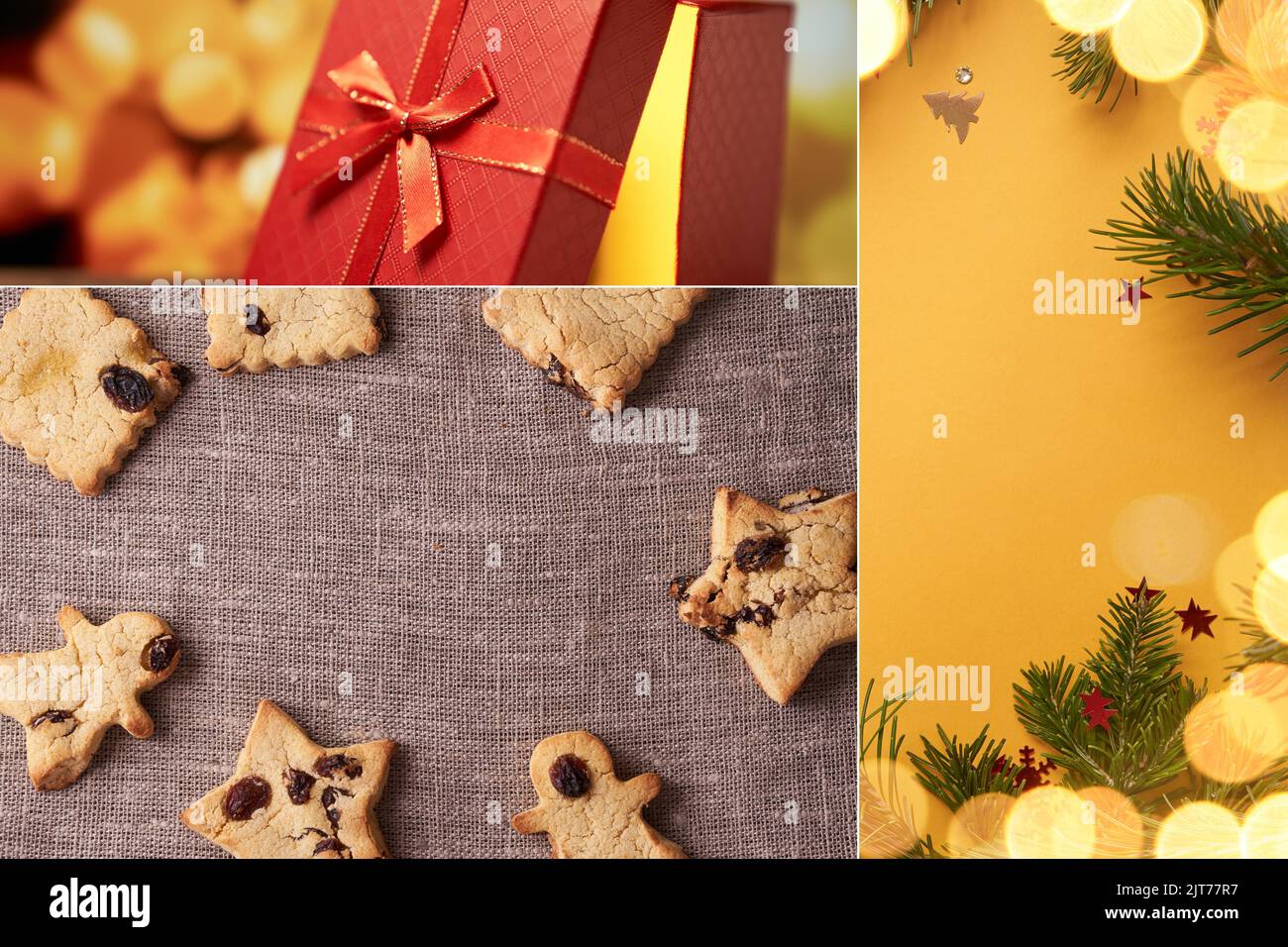 A collage of Christmas cookies, fir branches and a red gift box ...