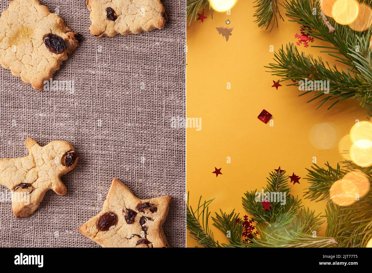 Collage of Christmas cookies and fir branches. Christmas background ...