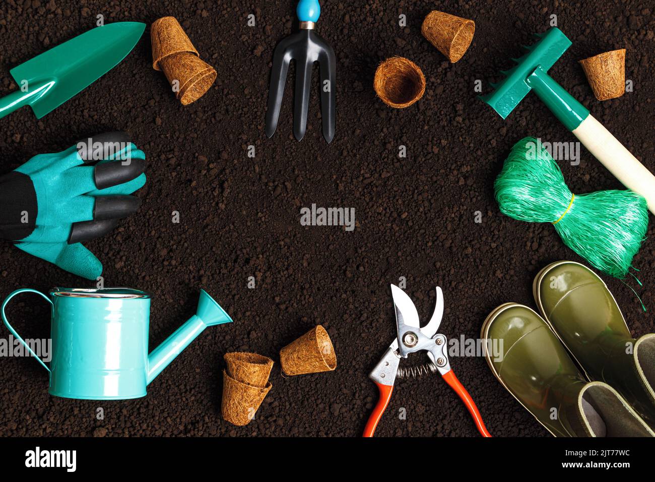 Garden tools for working on the soil. Frame top view flat lay Stock ...