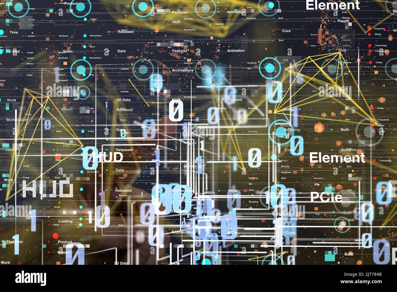 A man tapping a digital illustration of binary data and network Stock ...