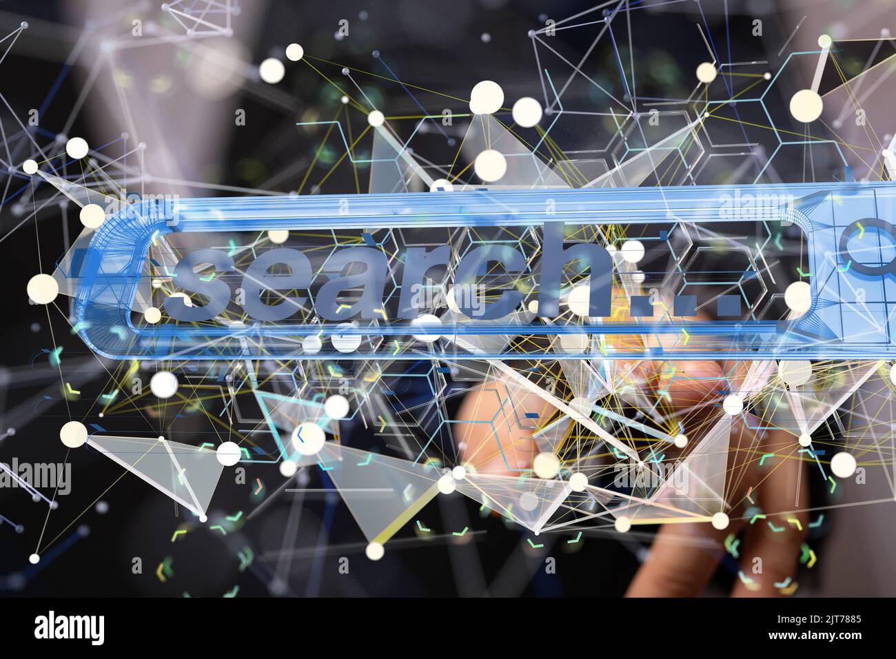 A man tapping on the digital render of floating network and search icon Stock Photo - Alamy